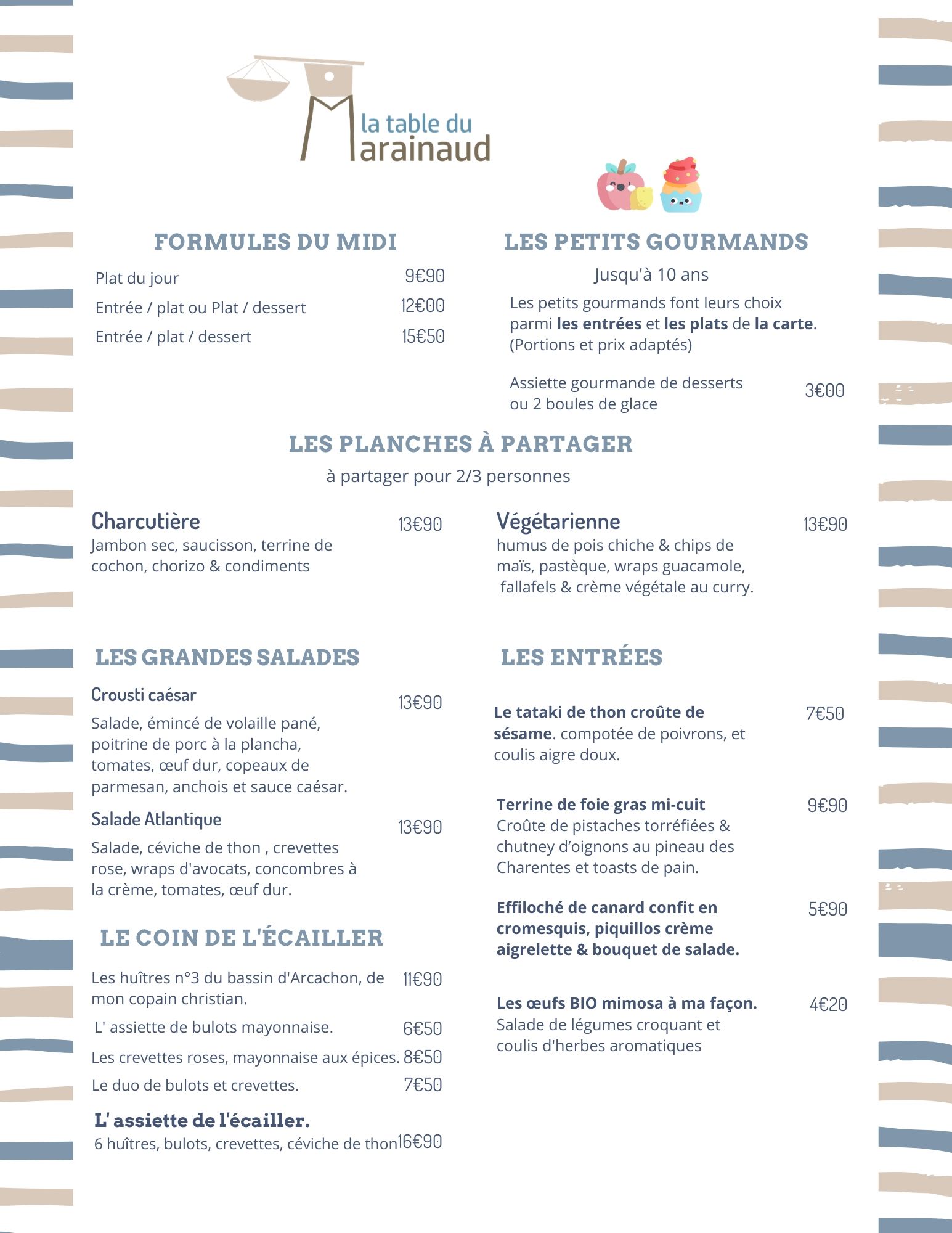 Carte et menu du jour - La table de Marainaud - Braud et Saint-Louis