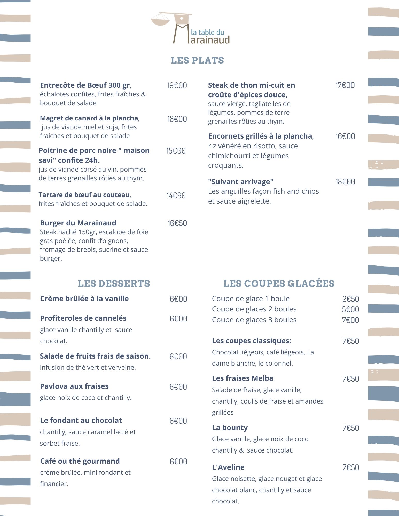 Carte et menu du jour - La table de Marainaud - Braud et Saint-Louis