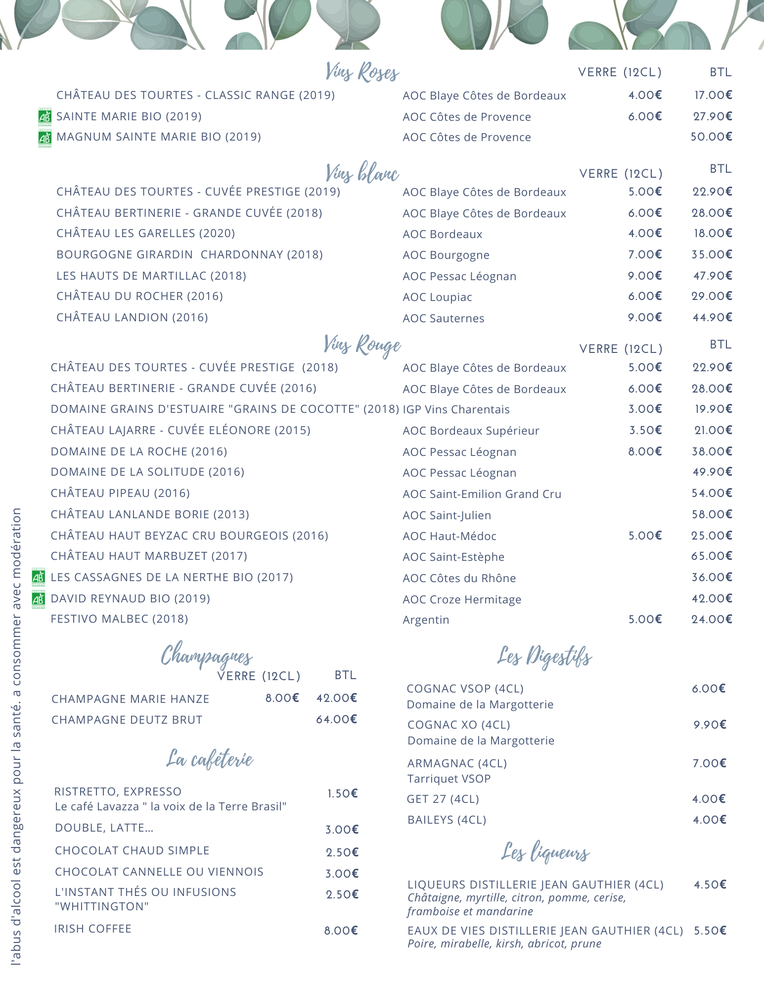 Carte et menu du jour - La table de Marainaud - Braud et Saint-Louis
