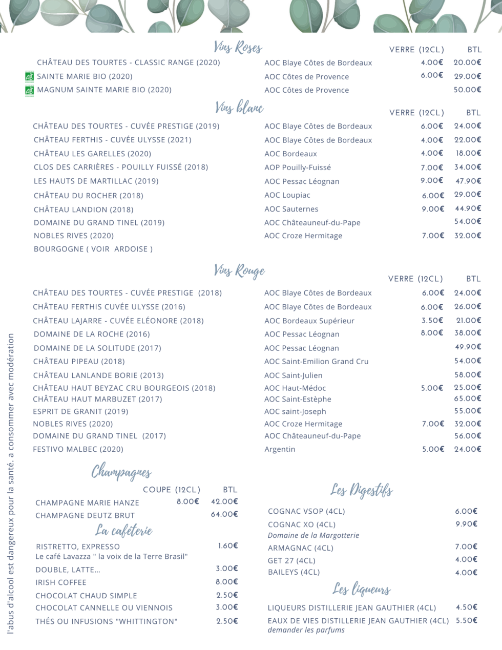 Carte et menu du jour - La table de Marainaud - Braud et Saint-Louis