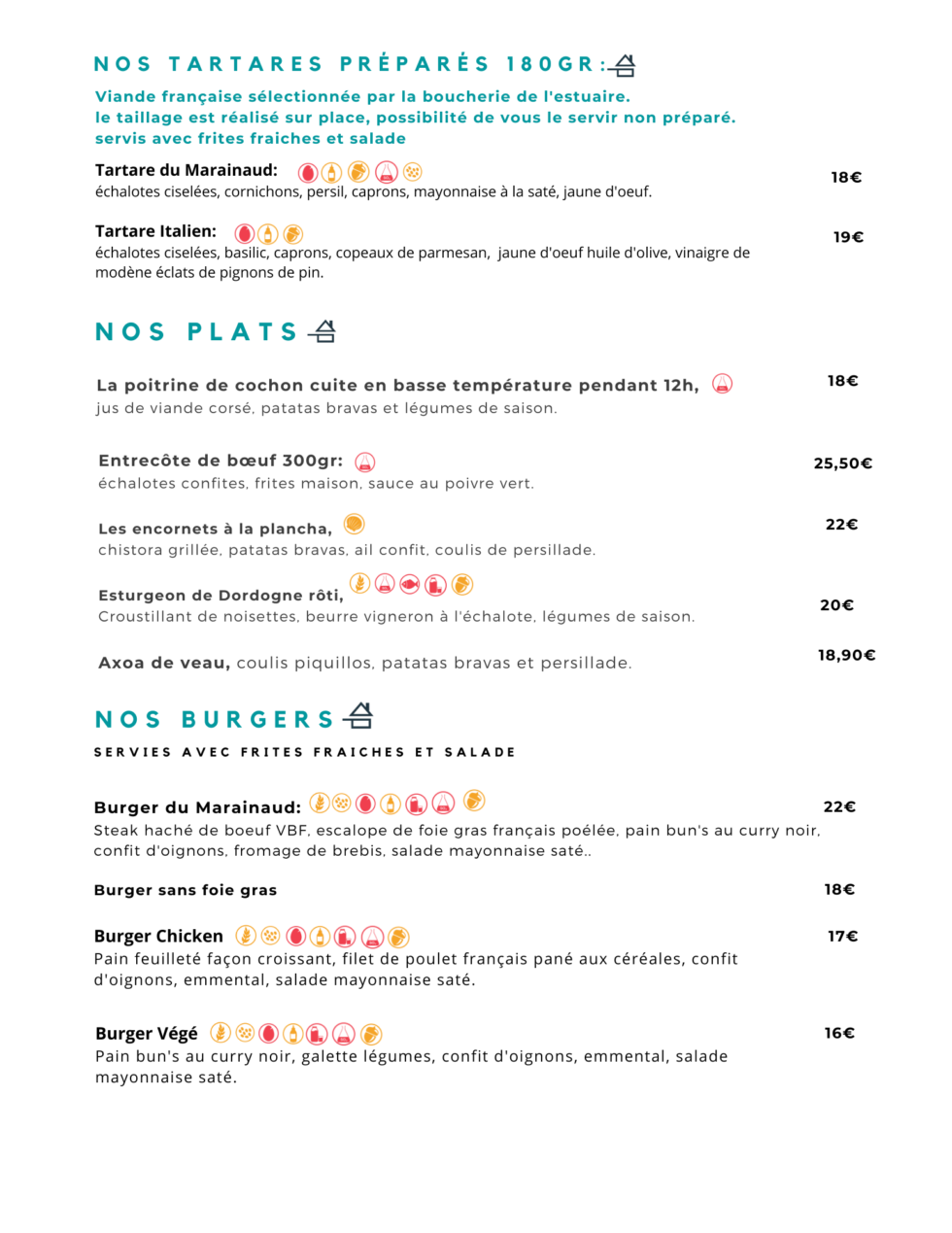 Carte et menu du jour - La table de Marainaud - Braud et Saint-Louis
